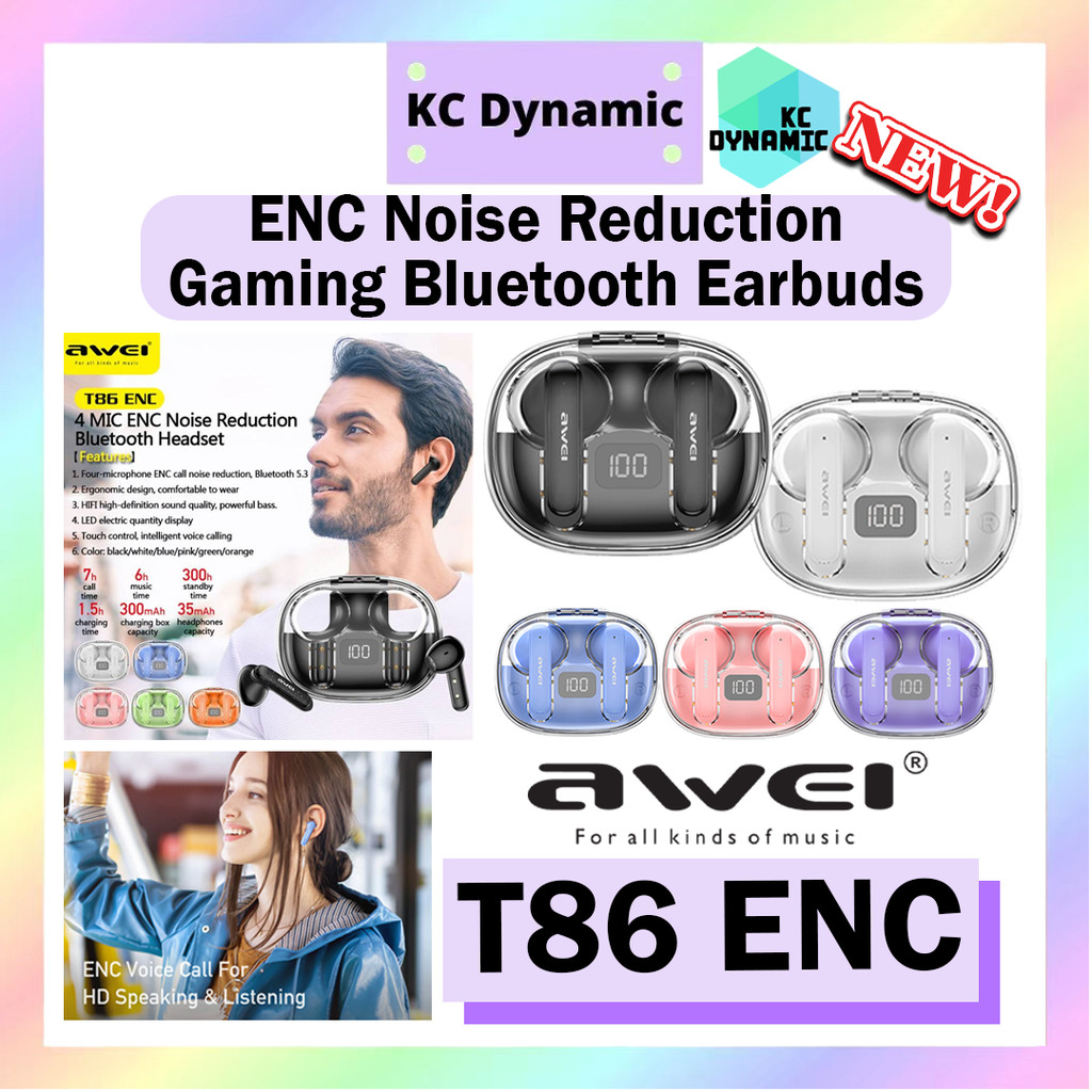 Awei T86 ENC Noise Cancellation Gaming Bluetooth Earbuds Gaming Wireless Earbuds Gaming ...