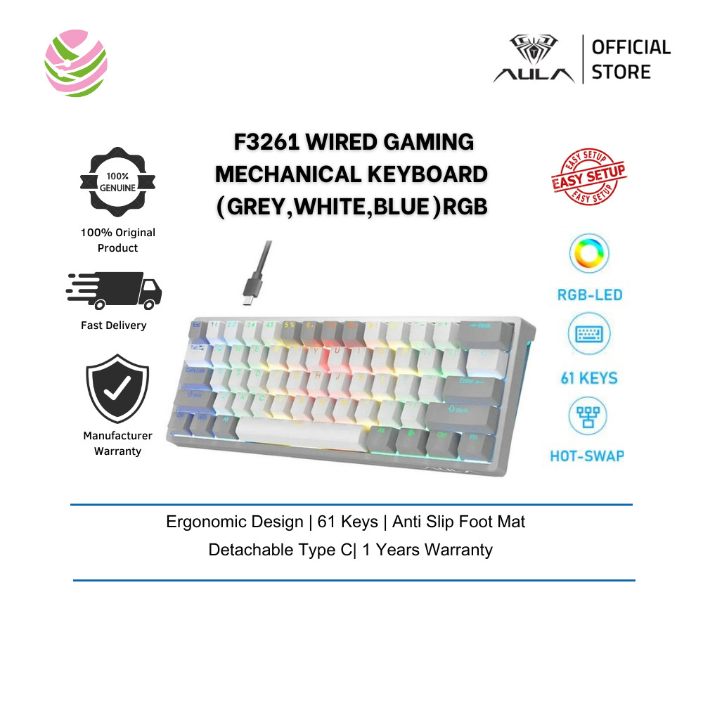 AULA F3261 Wired Gaming Mechanical keyboard (Gray / White ,Blue Switch ...