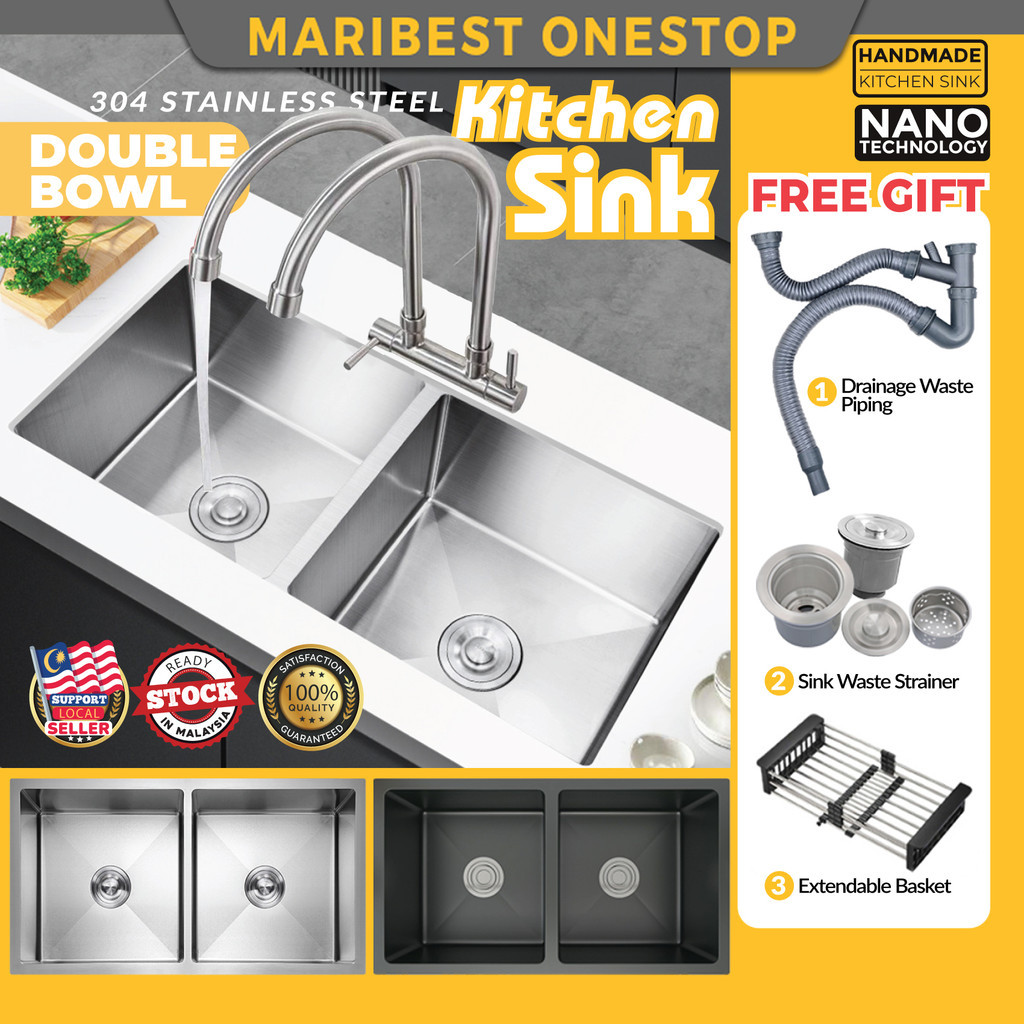 Double Sink SUS 304 Stainless Steel Home Kitchen Sink Sinki Dapur Nano ...