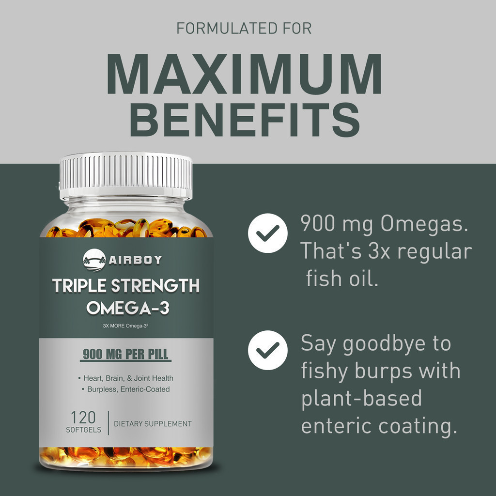 AIRBOY Omega 3 Fish Oil, Triple Strength OMEGA-3, 900 mg Per Caplet ...