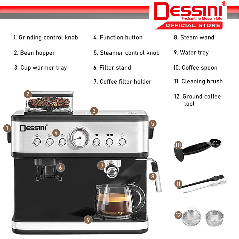 DESSINI ITALY 20 Bar 1.5L Espresso Coffee Maker Brew Cappuccino Latte ...