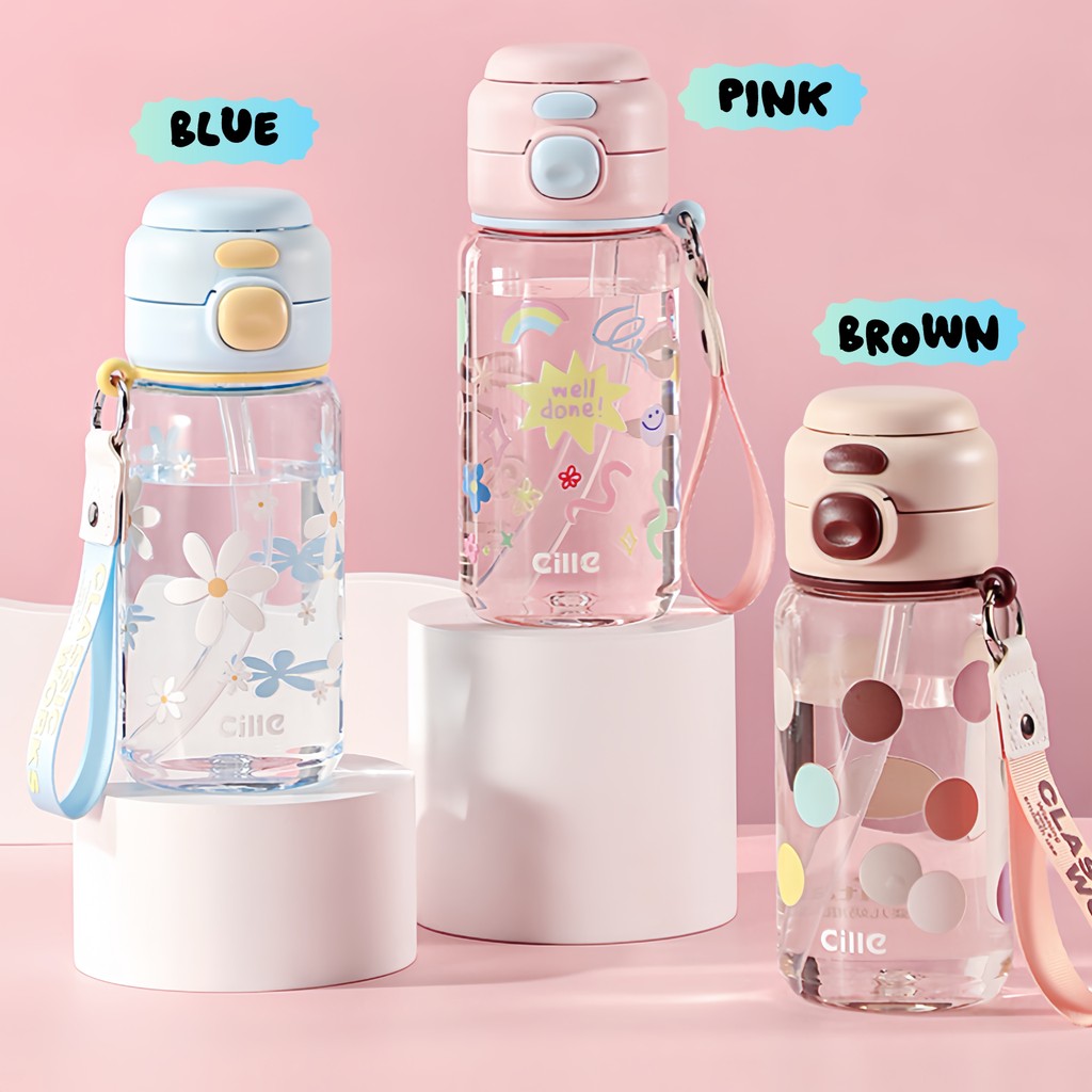 Cille Botol Air Comel Tritan, Dual Drink Straw & Sip, 1-Click Open ...