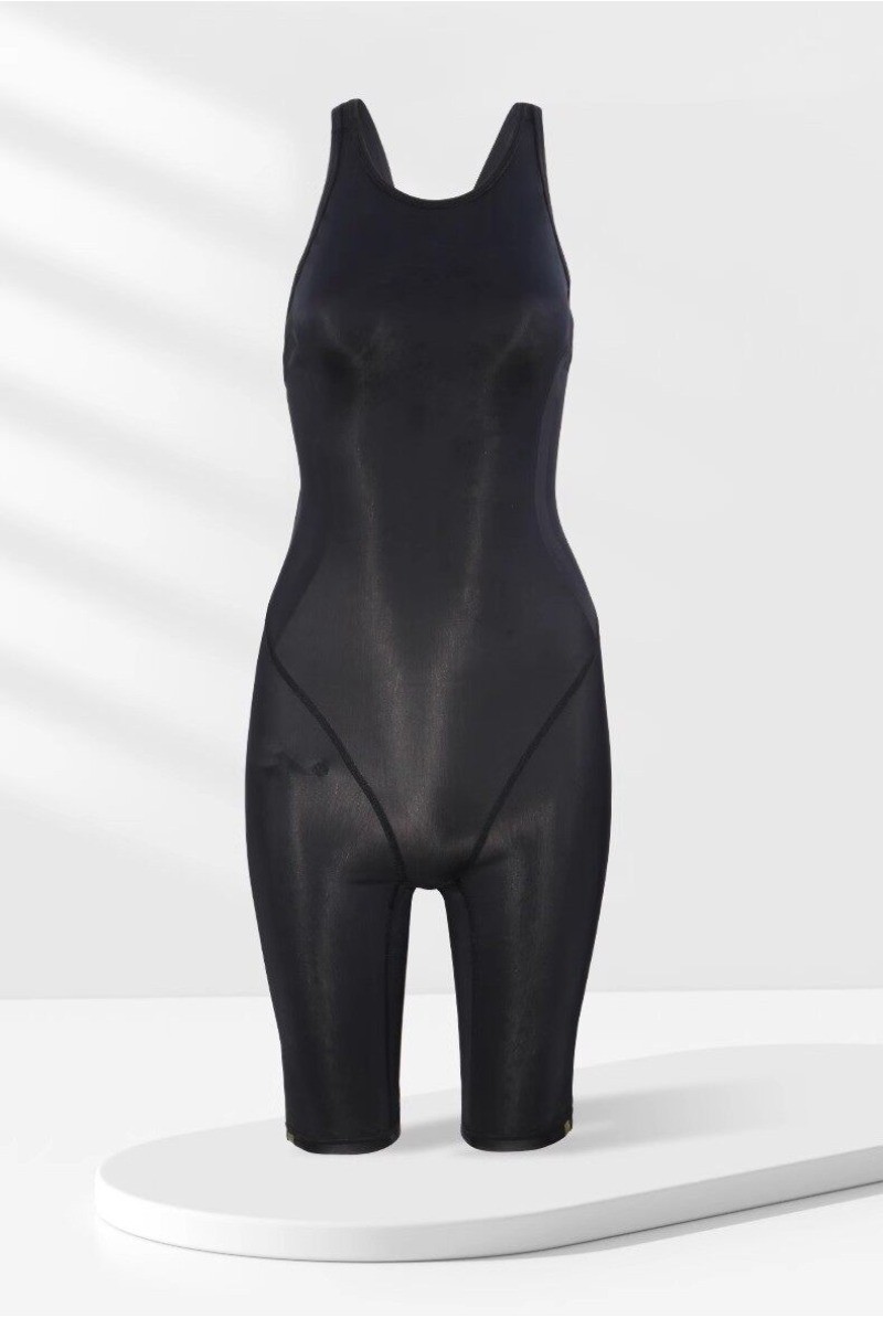 Black Sharkskin One Piece Swimsuit Knee-Length Racing Swimsuit Female Swimming Outfit YINGFA ...