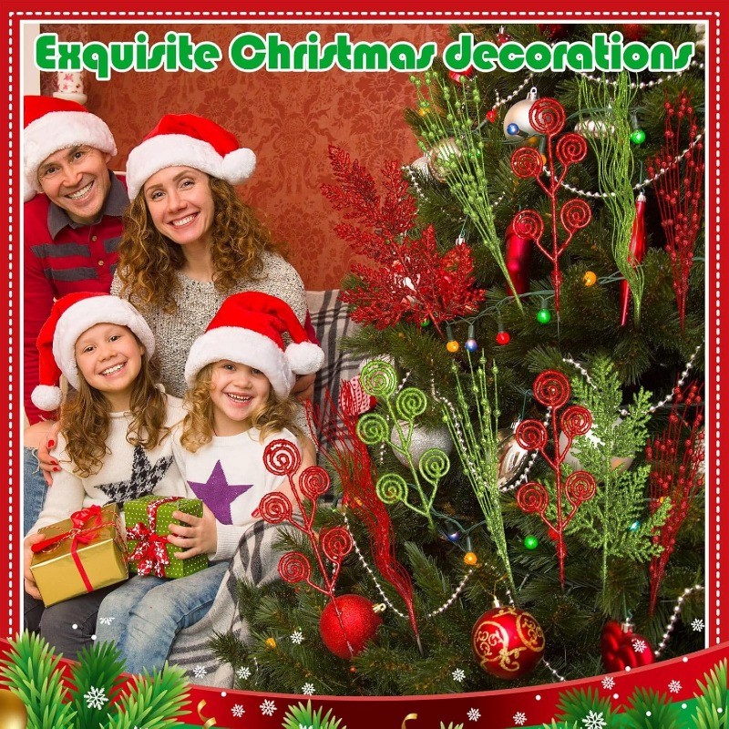 Glitter Christmas Tree Artificial Picks Set Red Green Glitter Berry ...
