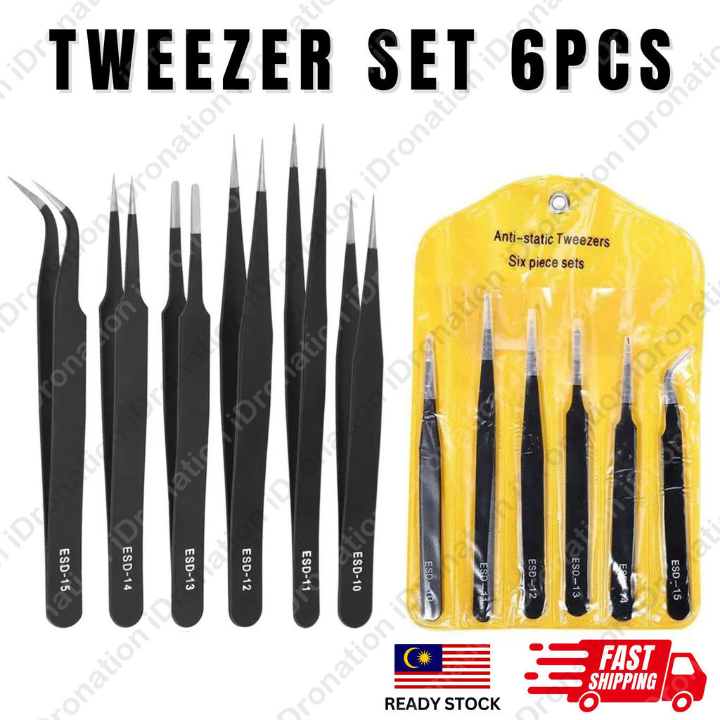6PCS Tweezer Set Anti-static ESD Stainless Steel Kit Maintenance Tool ...