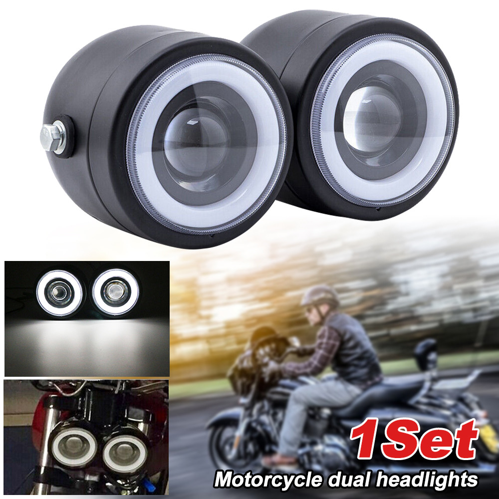 RONXMOR Motorcycle 2pcs Retro Double Eyed Headlights Round Angel Eyes ...