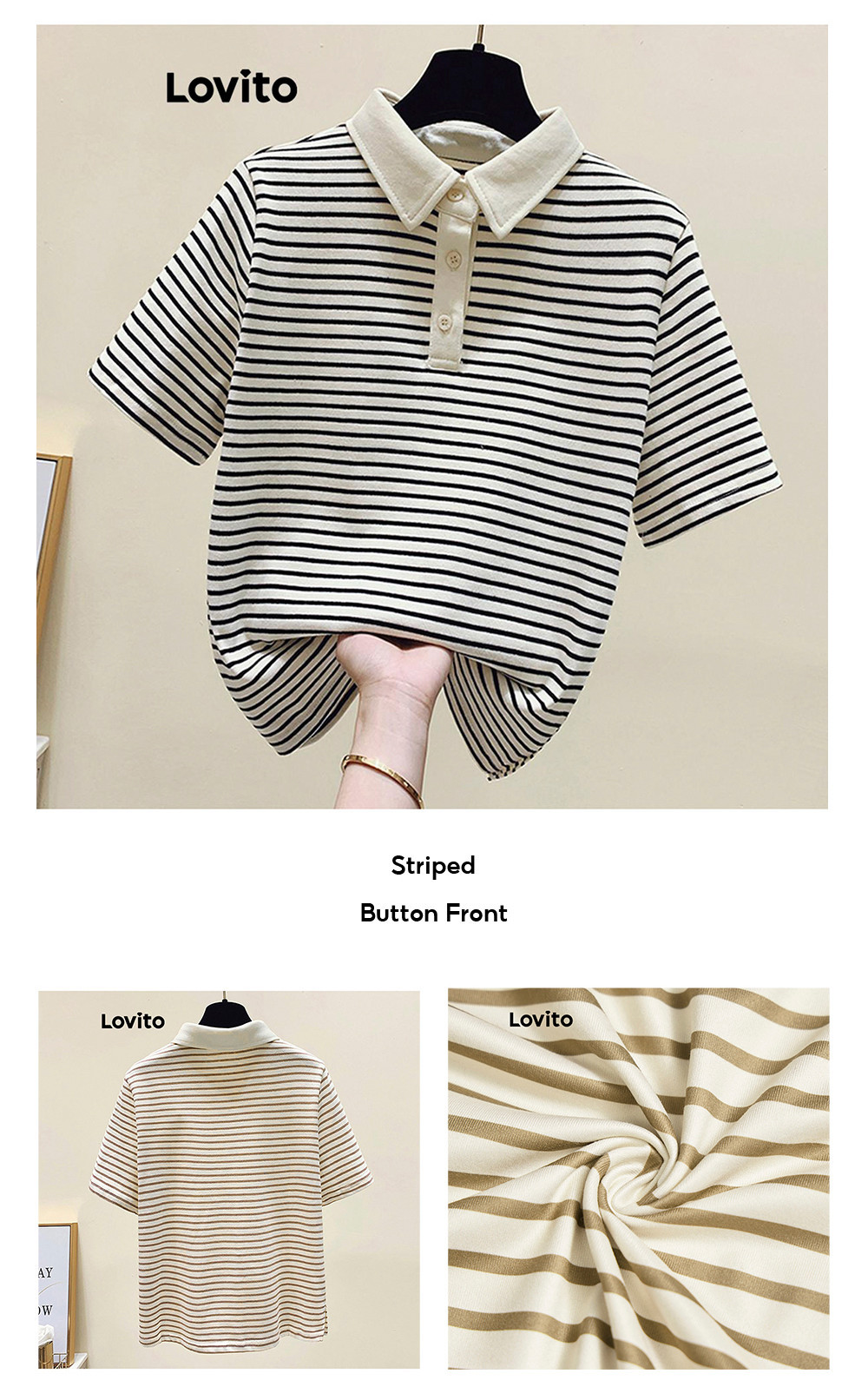 Lovito Casual Striped Button Front Colorblock Collar T-Shirt for Women ...