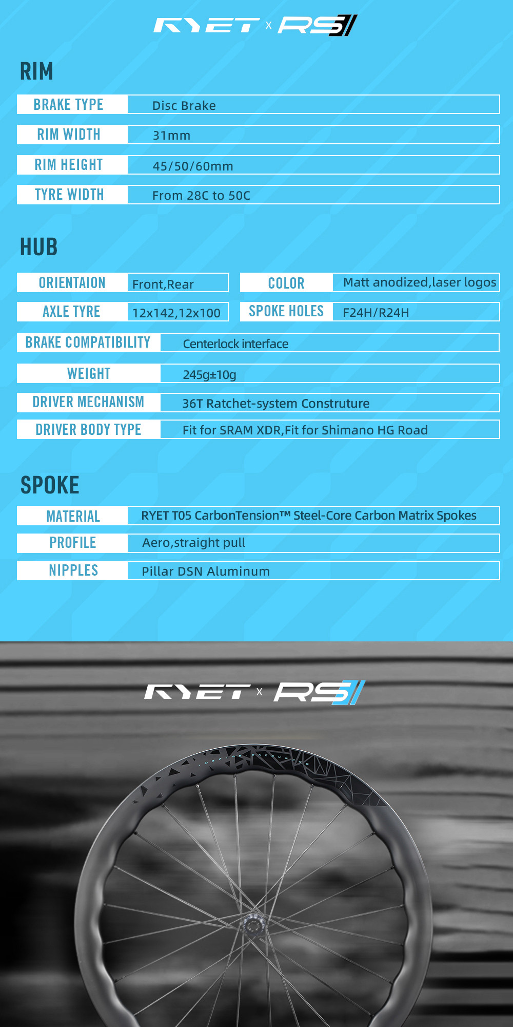 RYET 1150g Full Carbon Road Wheelset Ultra Lightweight Aero Disc Brake ...
