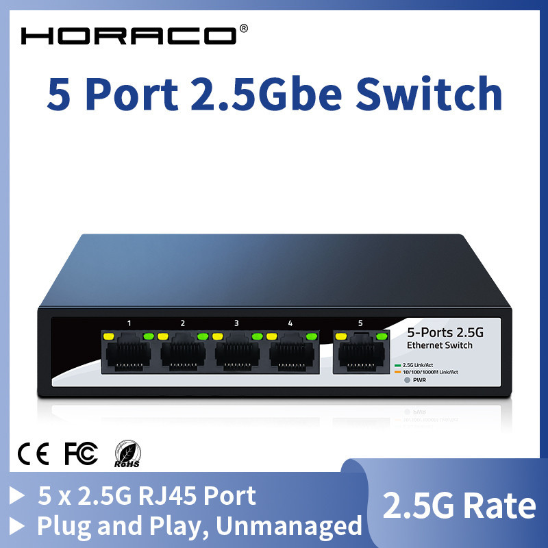 HORACO 2.5GbE Ethernet Switch 2.5GBASE-T 5 Port 2.5G RJ45 Fanless Plug ...