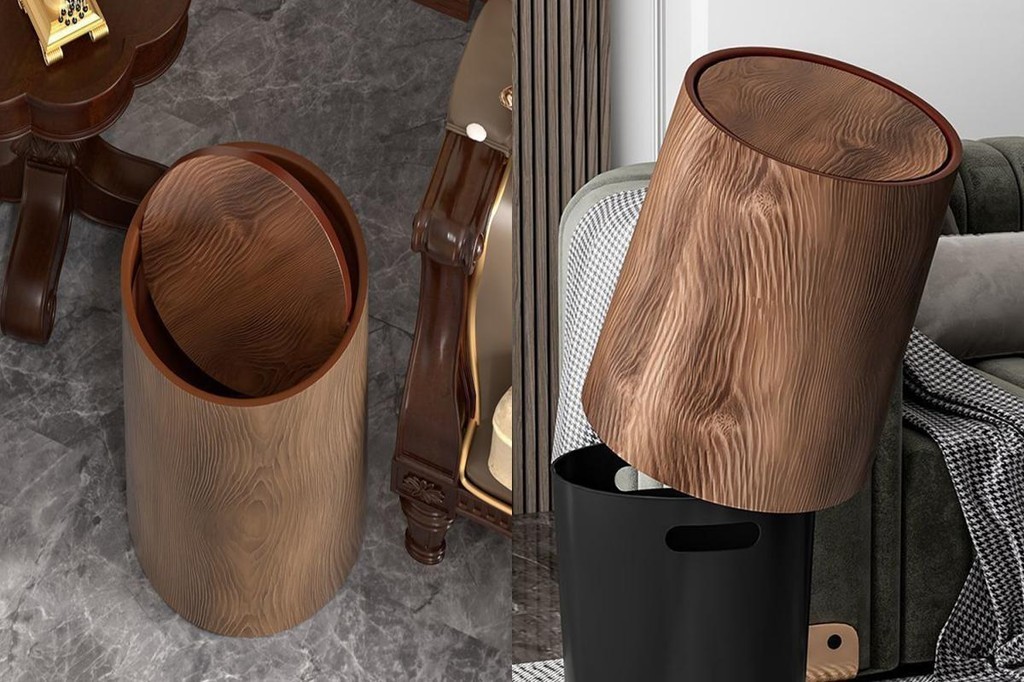 Wooden Trash Modern Wood Grain Bathroom Trash with Swing Lid and Large ...
