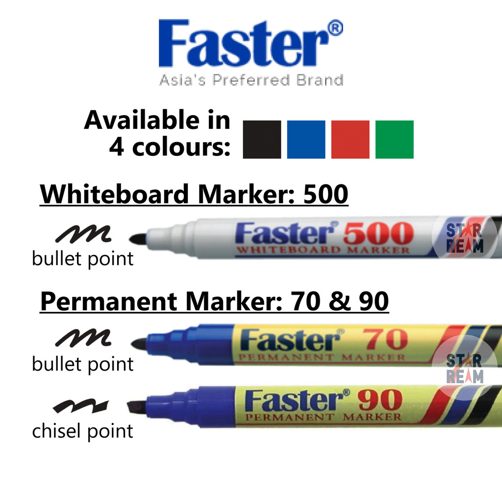 Faster Permanent 70,90 & Whiteboard 500 Marker Black/Blue/Red/Green ...