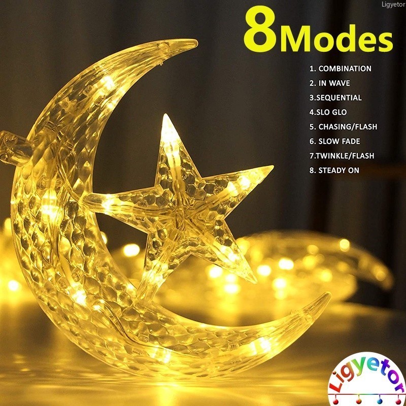 Ligyetor Raya LED Star Moon Curtain String Lights Decorations for Eid ...