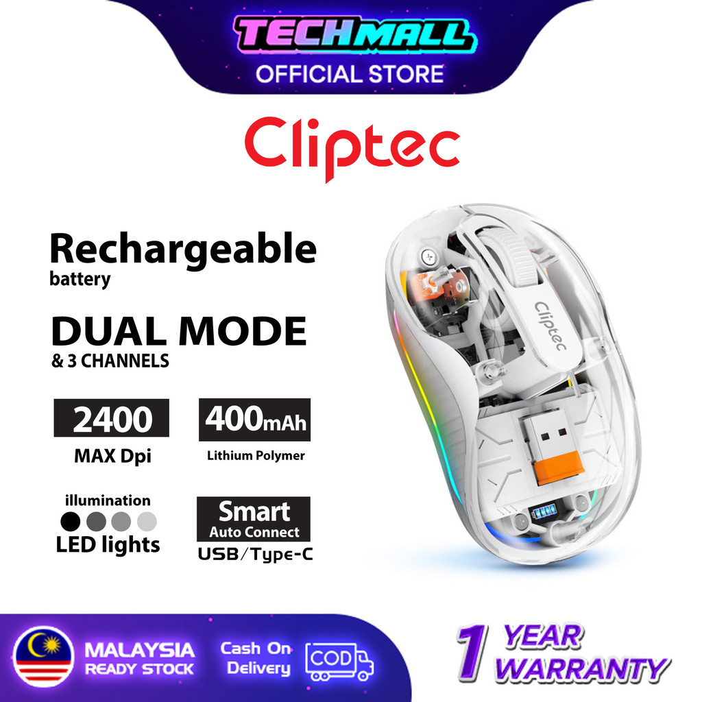 Cliptec RZS636 - Dual Mode 2400dpi Transparent Rechargeable RGB Backlit Silent Wireless Mouse ...