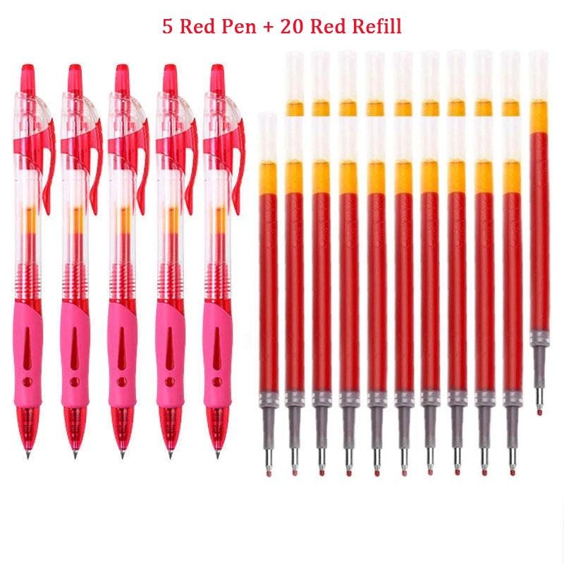 5 Pens +20 Refill Gel Pen Set 0.5mm Retractable Pen Black/Red/Blue Ink ...