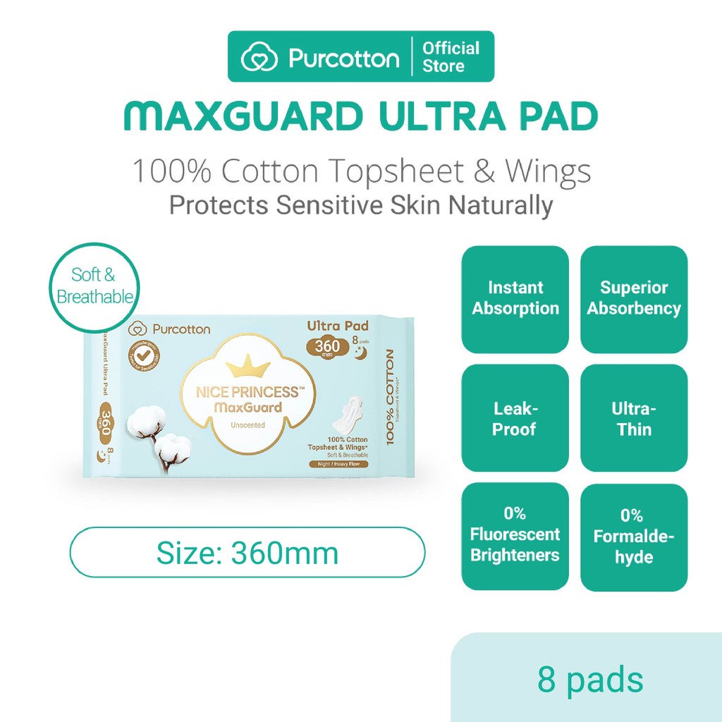 Purcotton Nice Princess MaxGuard Ultra Pad 360mm (8Pads) 全棉时代 | Shopee ...
