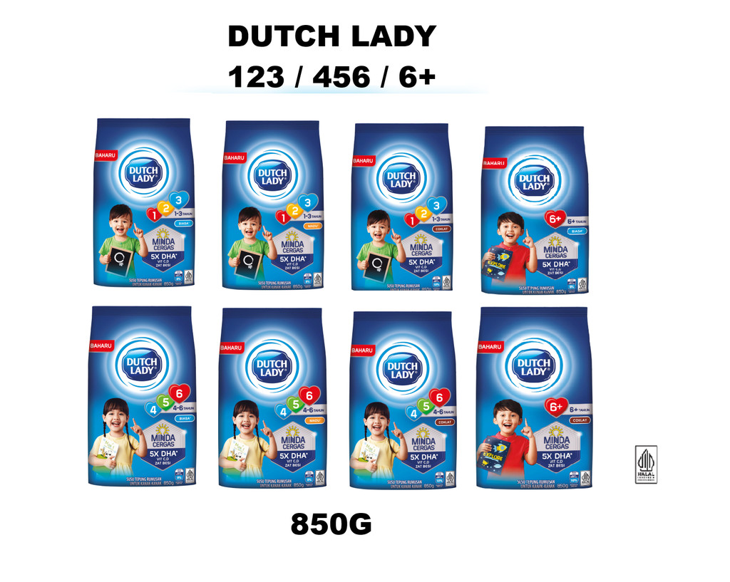 DUTCH LADY Milk Powder 123 / 456 / 6+ ( 850gX1 ) ASLI / MADU / COKLAT ...
