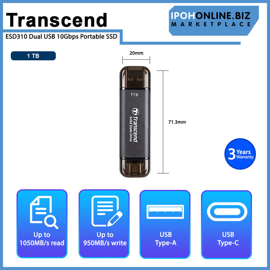 Transcend ESD310C Black 1TB USB3.1 Gen2 Portable SSD with Type-C & Type ...