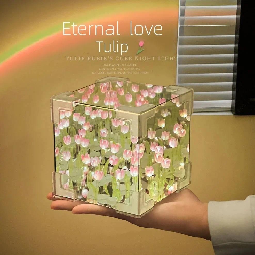 (Local Shipment) DIY Tulip Mirror Cube Lamp Simulation Flower Night ...