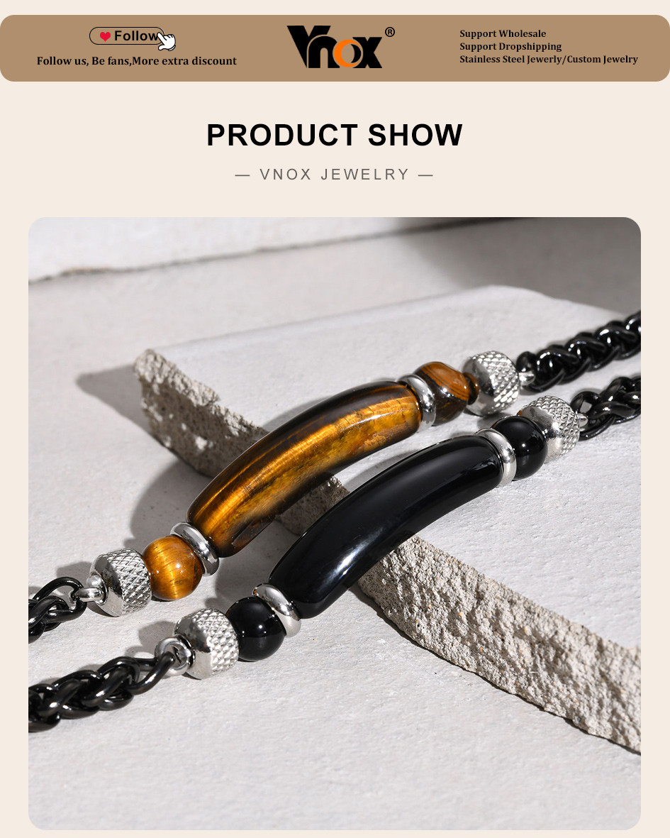 Vnox Black Agate Tiger Eye Gemstone Natural Stone Bracelet for Men, Hip Hop Stainless Steel ...