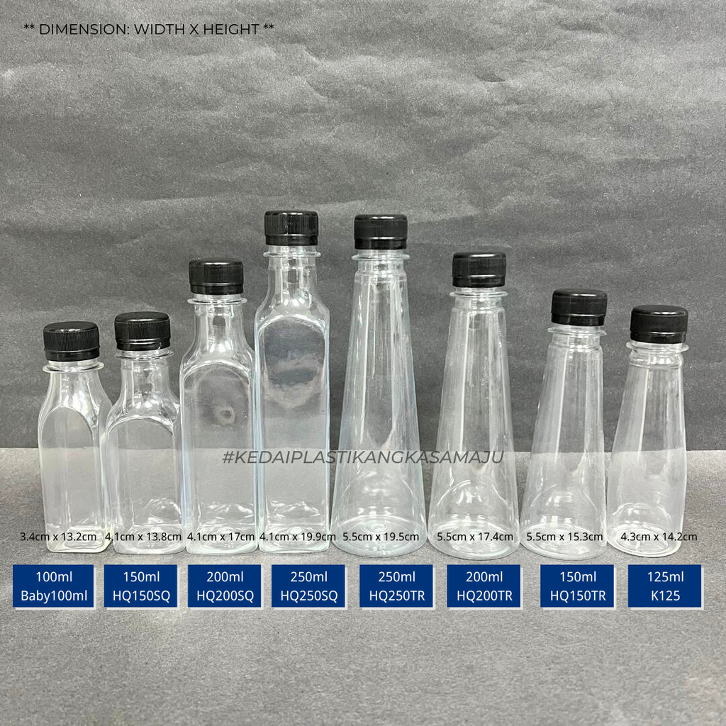 Botol Plastik Petak/Segi Tiga + Black Cap (100ml, 125ml, 150ml, 200ml ...