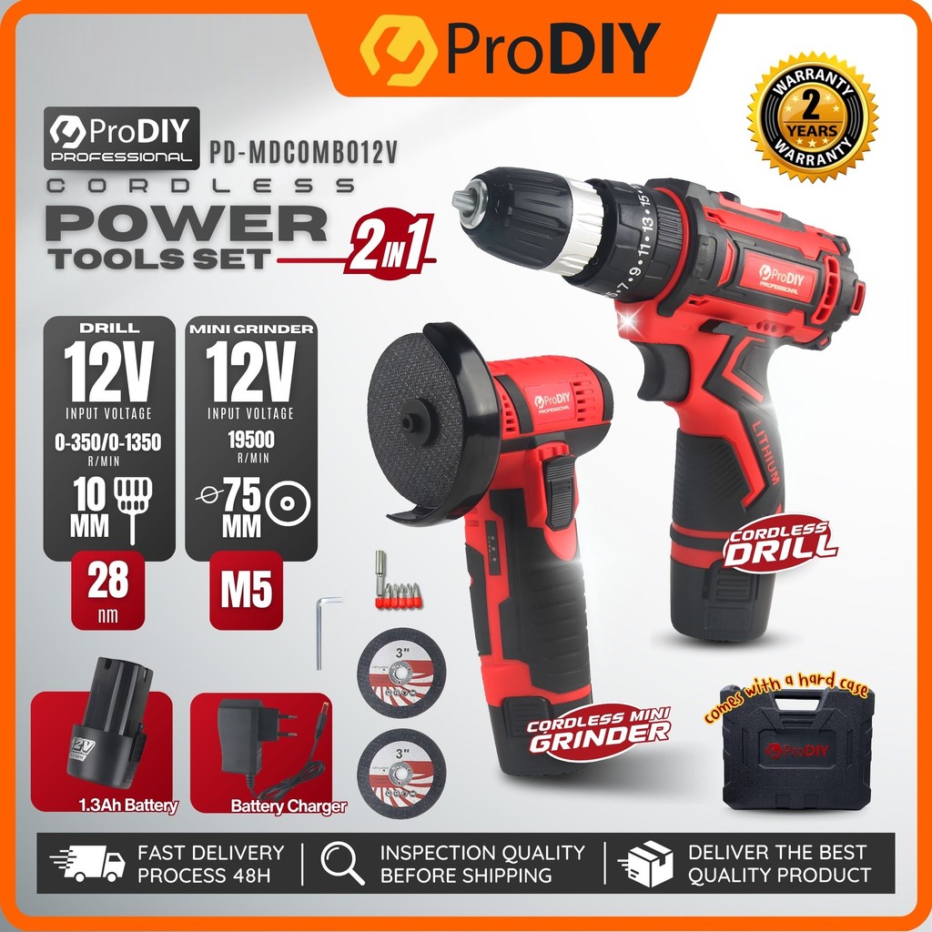 PRODIY (RED SERIES) PD-MDCOMBO12V 2-IN-1 Power Tool Set 28N.M Cordless ...
