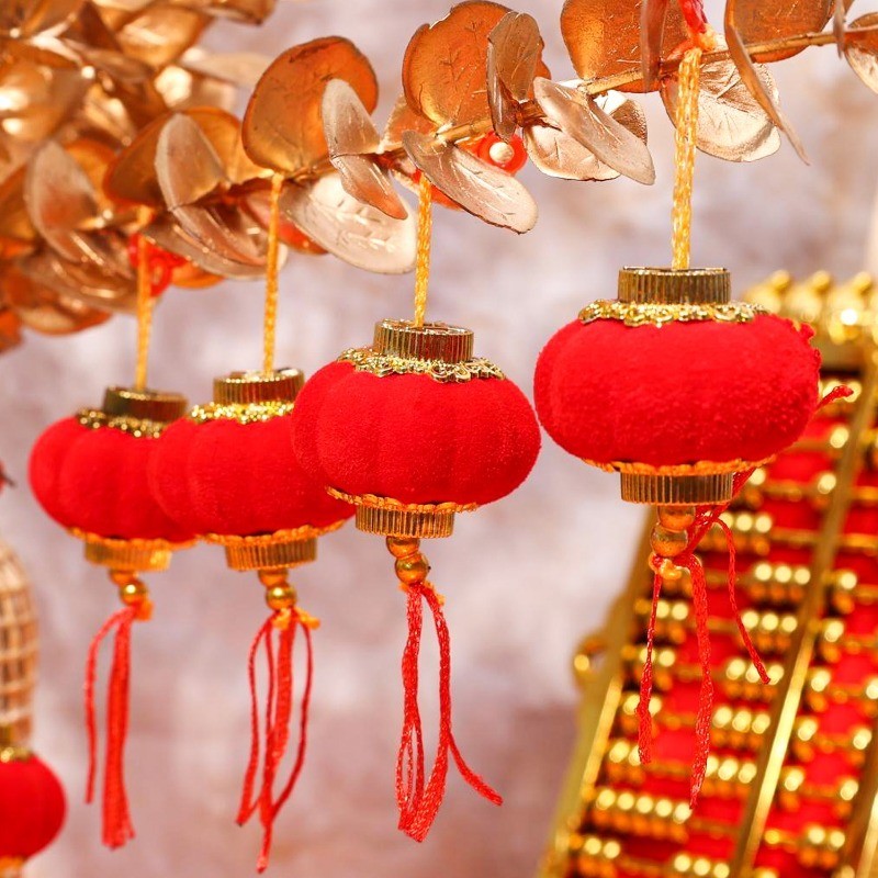 New Year Small Red Flocking Traditional Chinese Lantern Mini Layout ...