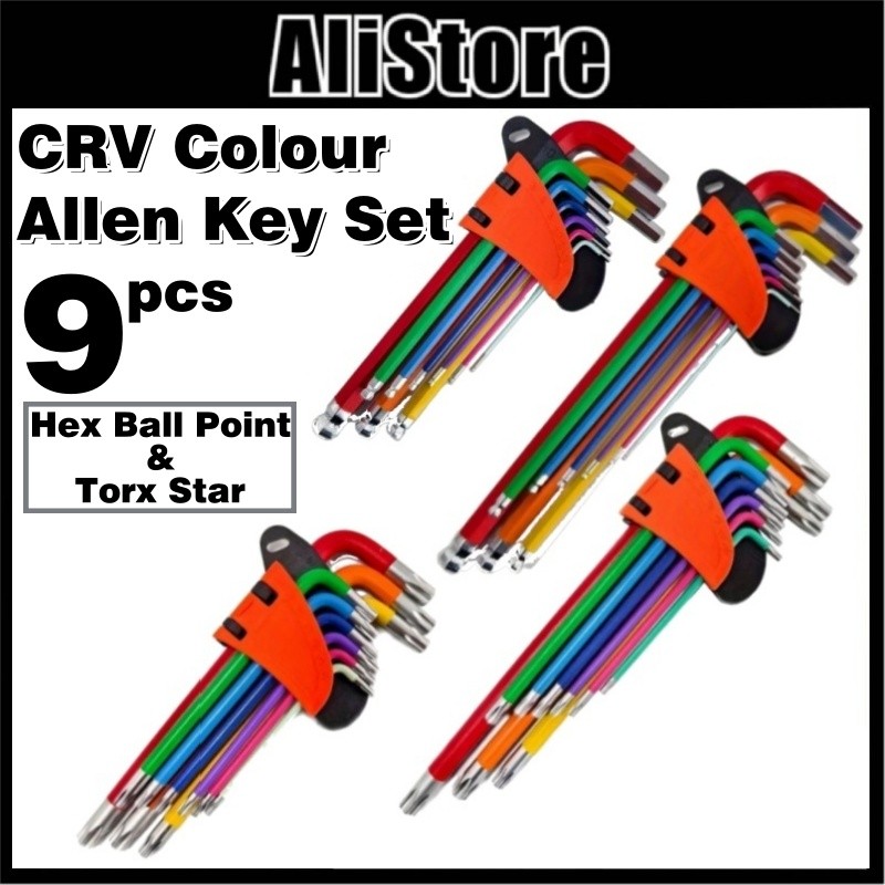 ALi CRV Colour 9Pcs Allen Key Set Coded Hexagon Hex Ball Point Torx ...