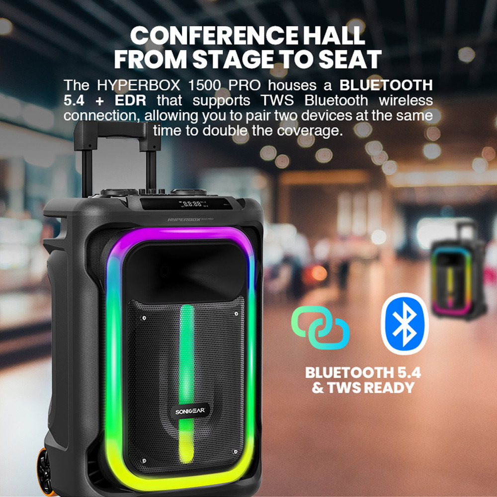 SonicGear HyperBox 1500 Pro Bluetooth USB Outdoor RGB Trolley Speaker with 2 Wireless Mic ...