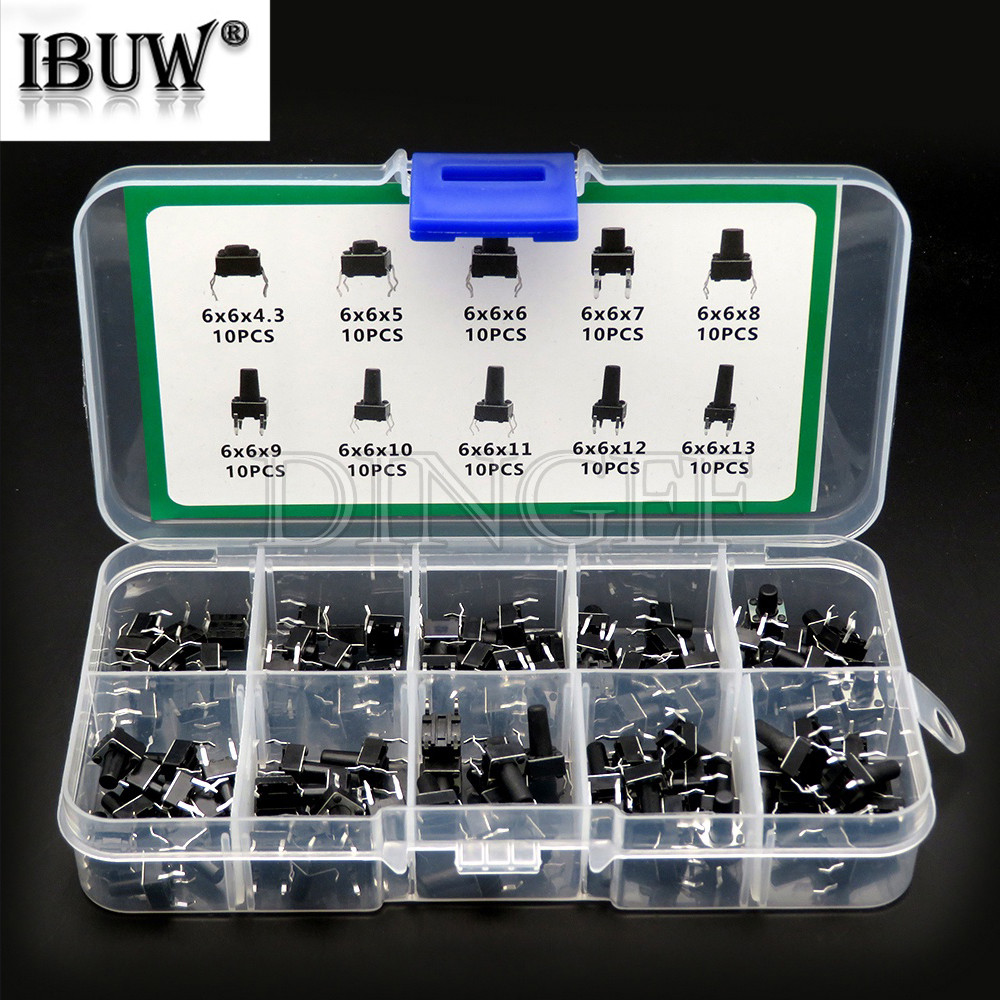 100Pcs (10 Kinds x 10pcs) 6x6mm Micro Push Tact Switch Kit 6x6 Mini ...