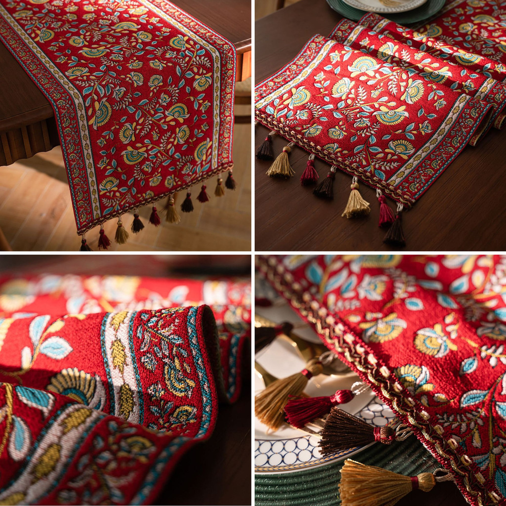 Retro Jacquard Table Runner with Tassels Sunflower Embroidery Table ...