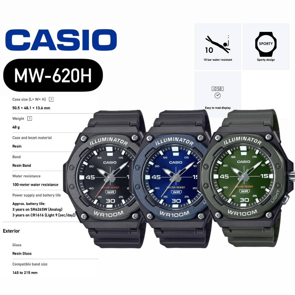 [ OFFICIAL CASIO WARRANTY ] CASIO MW-620H ANALOG QUARTZ WITH LIGHT ...
