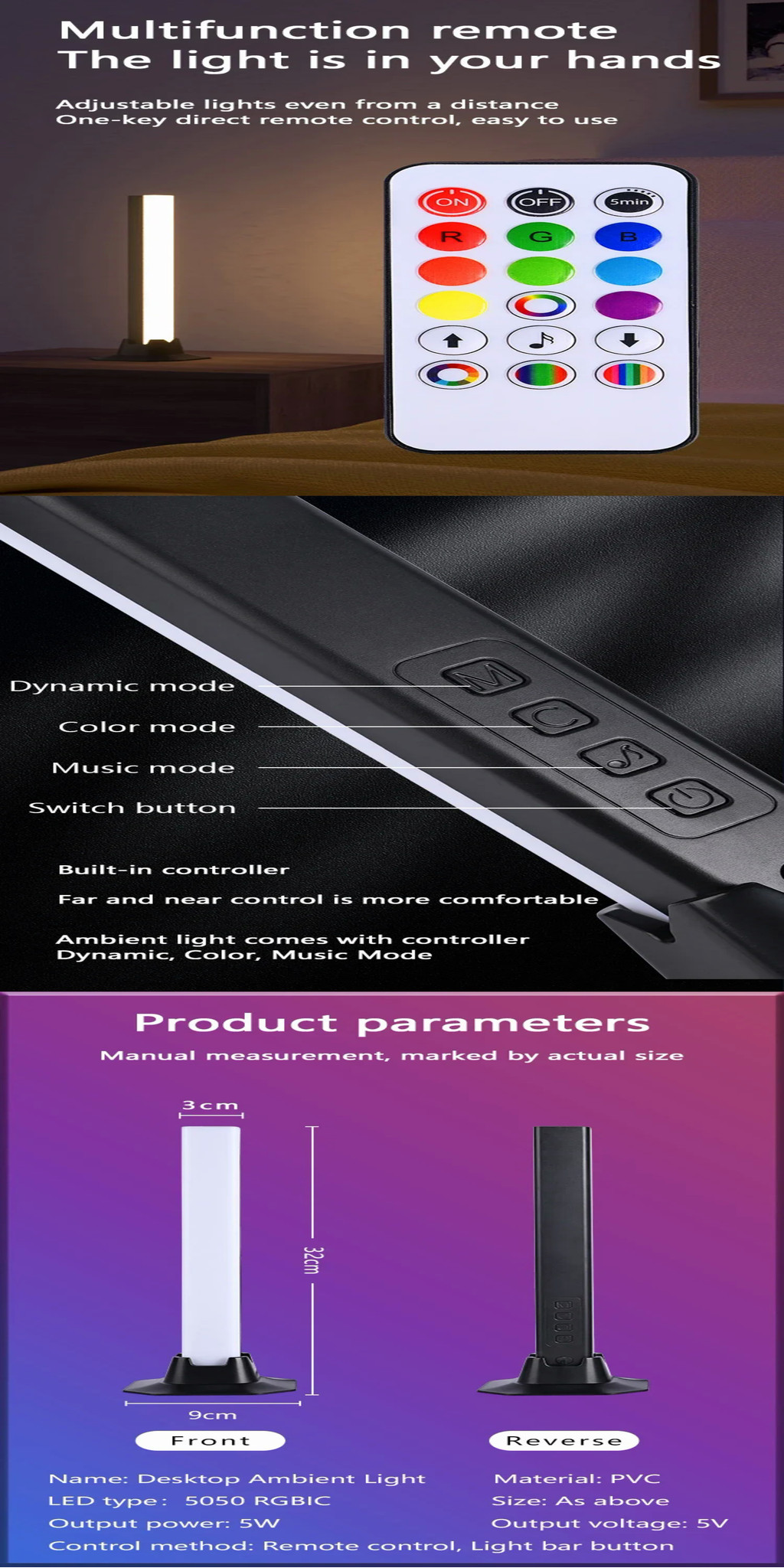 RGB LED Desktop Floor Lamp Light Bars Night Light Music Rhythm Atmosphere Lights Backlight for ...