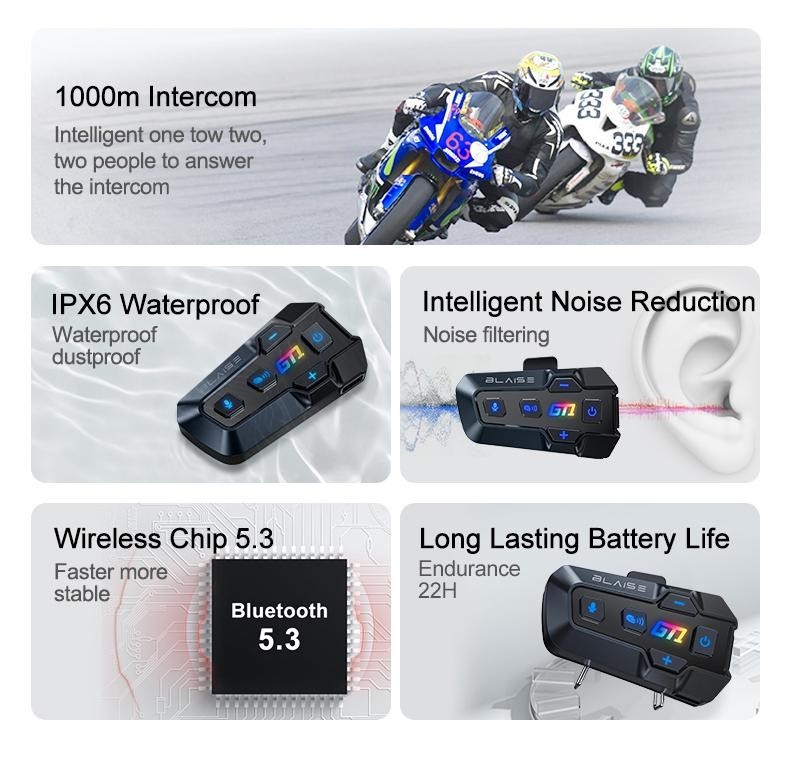 Blaise GT1 Helmet Intercom Headset Music Sharing For 2 Riders with ...