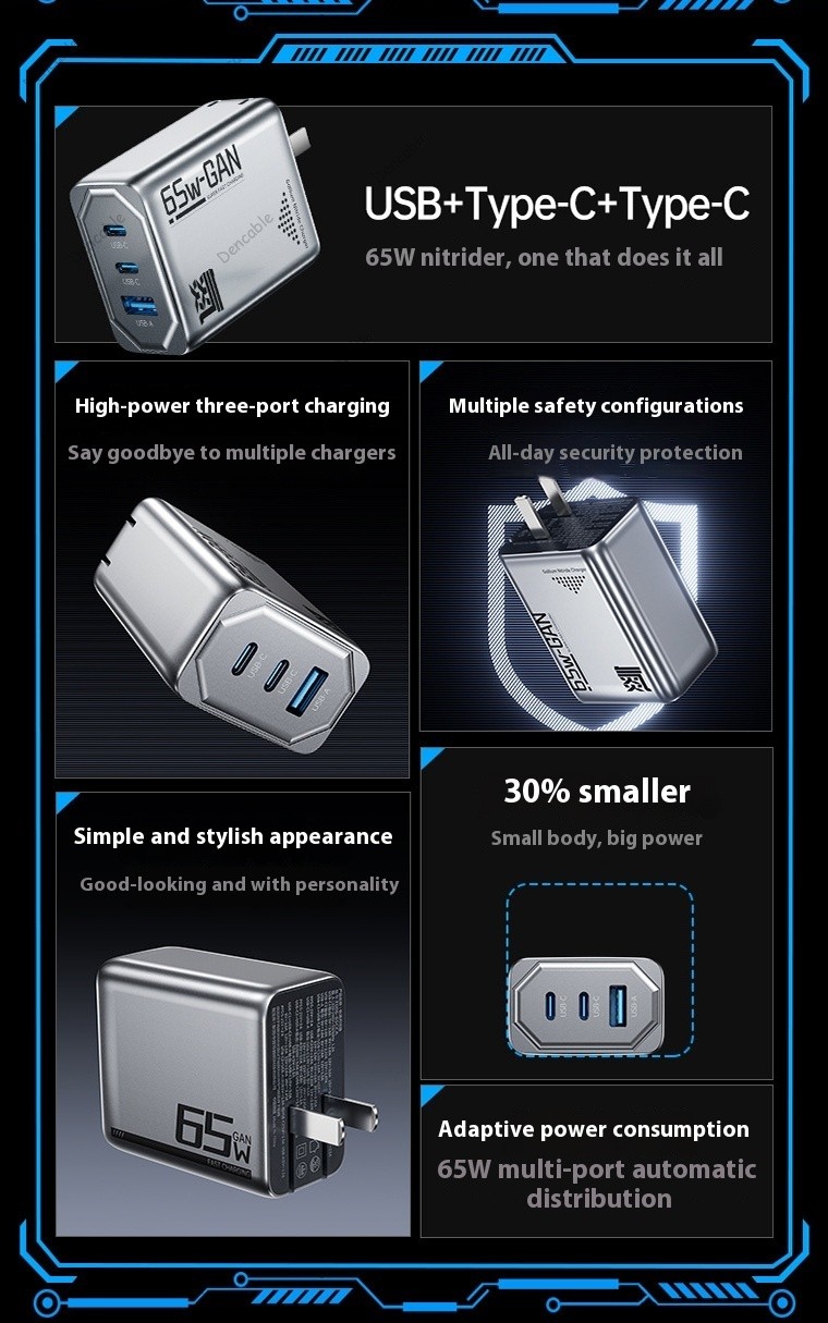 65W GaN 3 Port Foldable Wall Fast Charger USB+2PD Portable Mech Wind ...