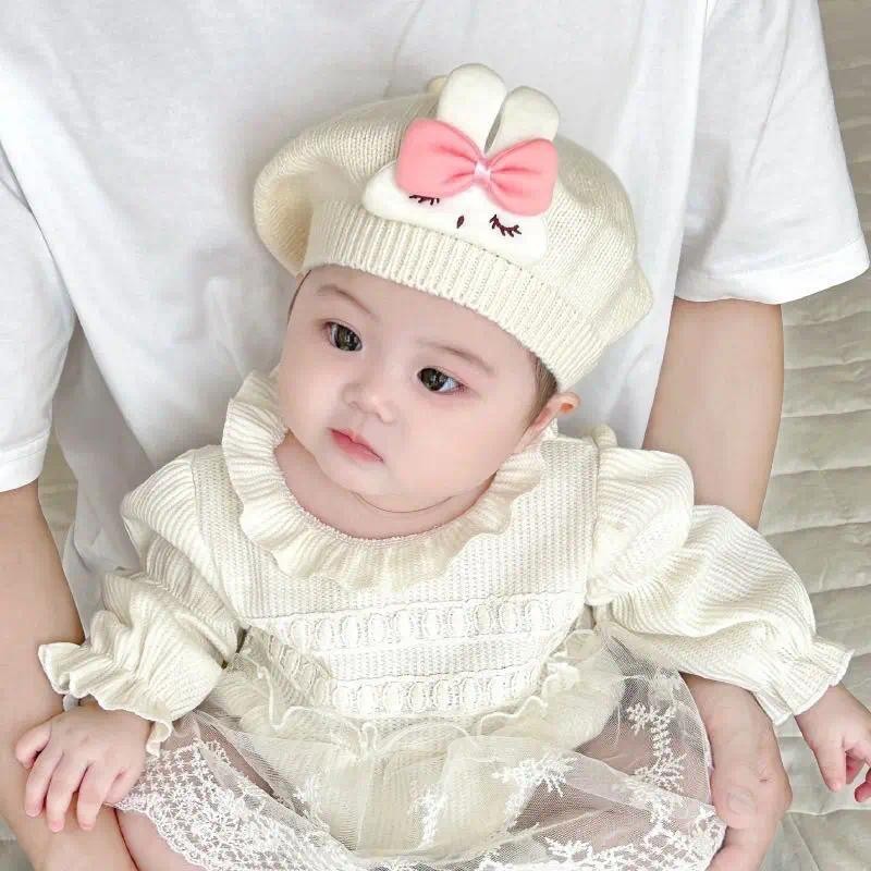 Cute Rabbit Baby Beret Hats Korean Princess Girl Knit Warm Berets for ...