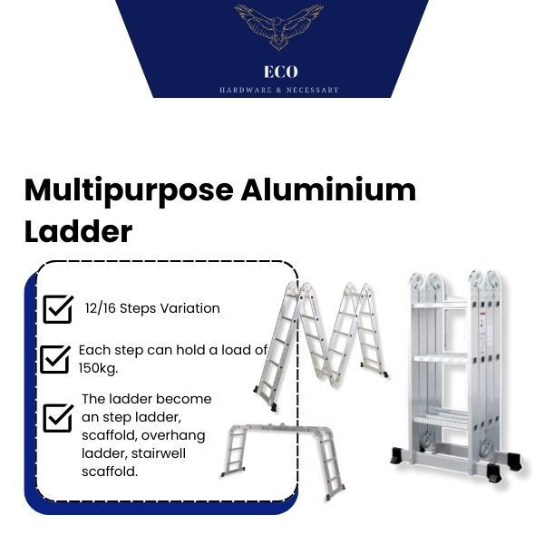 ECO HARDWARE Multipurpose Aluminium Ladder 12 / 16 Steps Multi Purpose ...