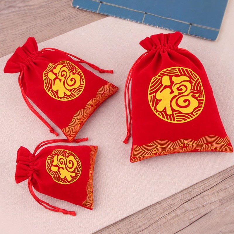 1/3/5Pcs 2025 Chinese New Year Red Velvet Bag - China Word FU Gold ...