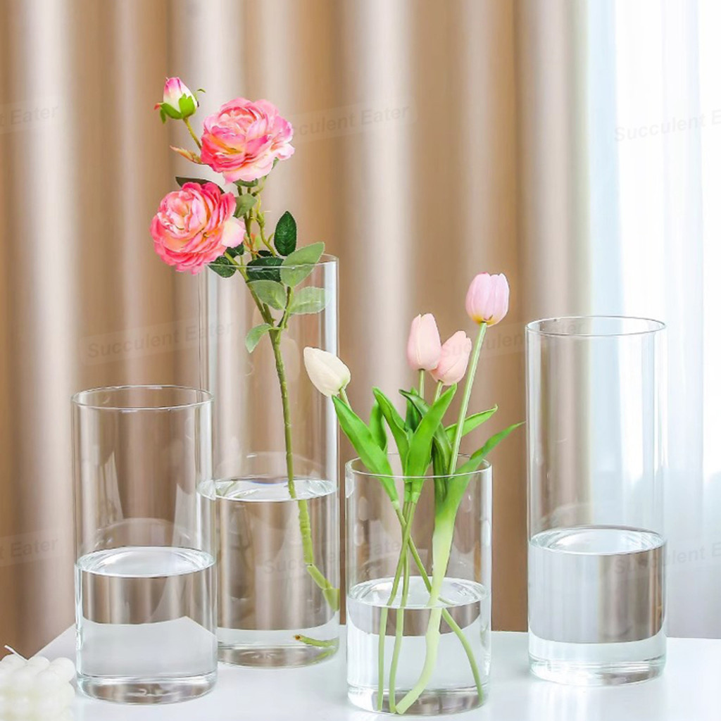 Vase Glass Cylinder Clear Transparent Pasu Bunga Hiasan Kaca Aquarium ...