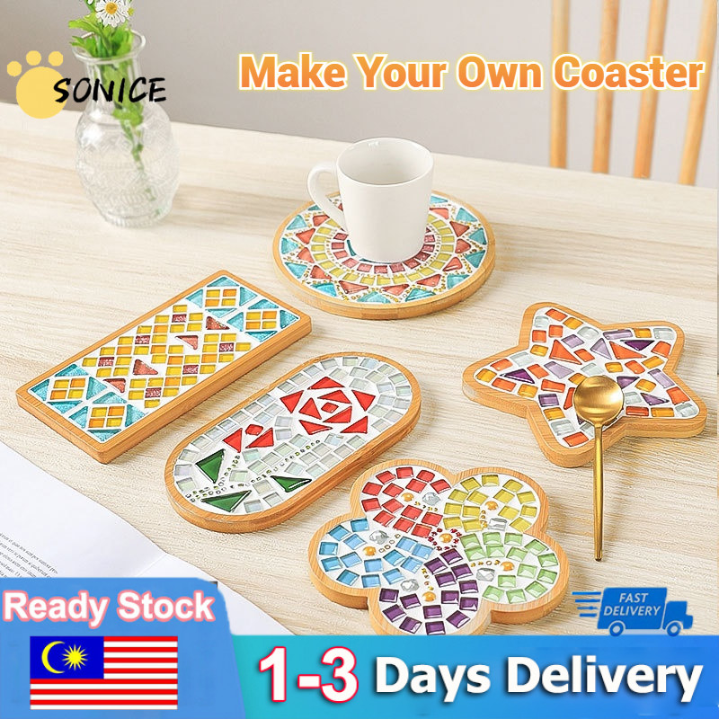 DIY Glass Mosaic Craft Kit with Wooden Coasters Mixed Color Tiles for ...