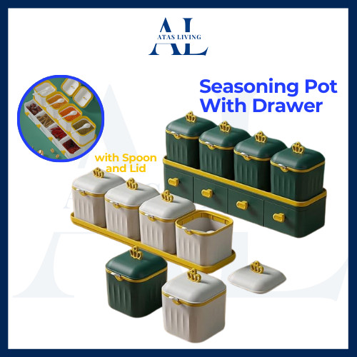 🔷ATAS🔷 Crown Seasoning Box Set with 4 Spice Jars, Lids, Spoons ...
