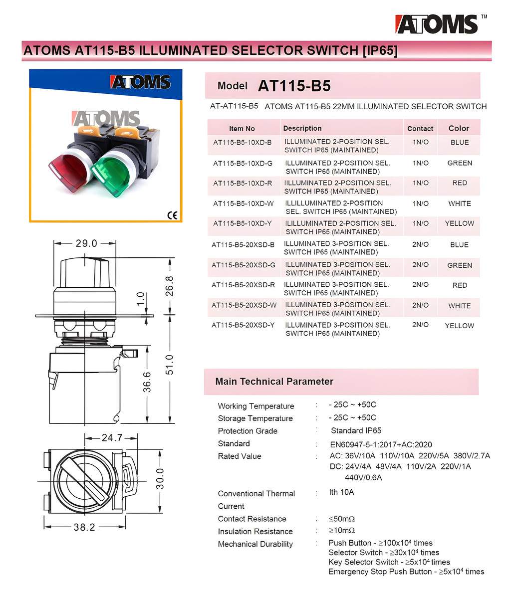 ATOMS AT115 Illuminated Selector Switch 2 Way 3 Way LED Selector Switch ...
