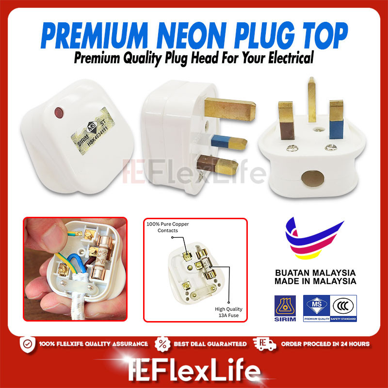 Malaysia SIRIM Premium Neon Light High-Quality 13A Fused 3 Pin Plug Top ...