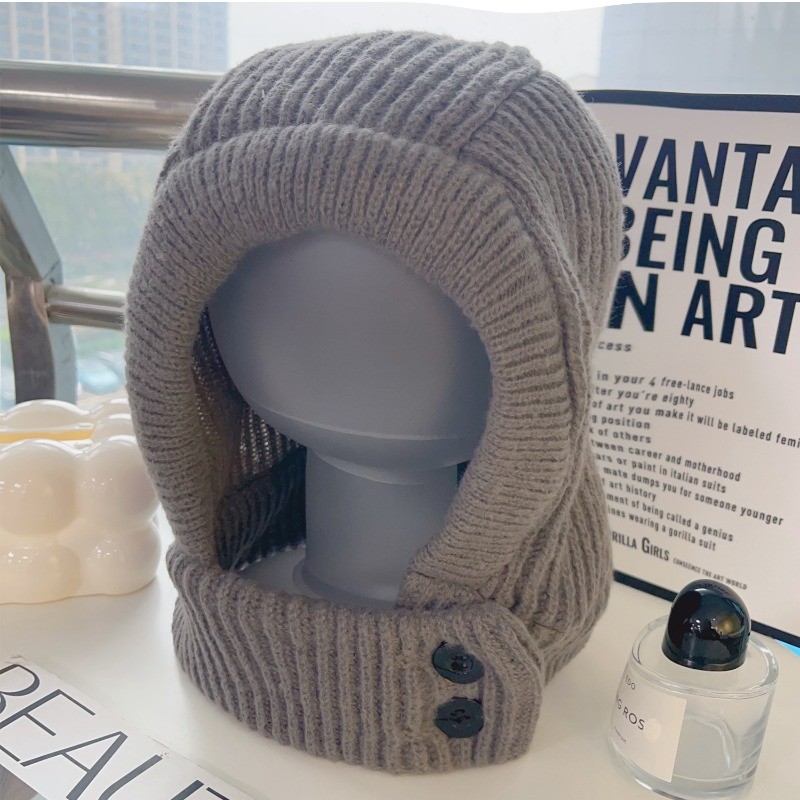 Knitted Wool Balaclava Hat - Button Scarf Hoodie Beanies - For Winter ...