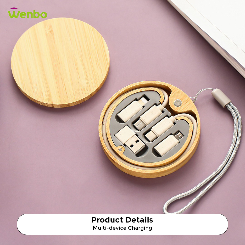 Wenbo Round Bamboo Wood Lanyard Cable Set Eco Friendly Multi Charging ...