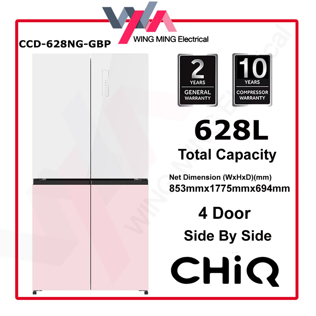 CHiQ 628L Refrigerator 4 Door (CCD-628NG-GBP-GWT) (White/Pink) Peti ...