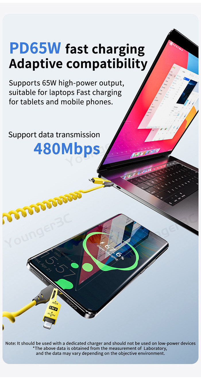 4 In 1 Spring Telescopic Cable For ios15/16 Type C 65W Super Fast ...
