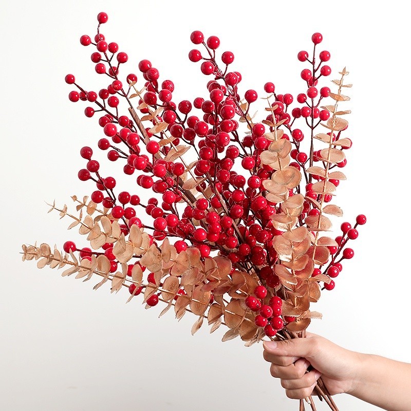 New Year Decor Artificial Red Berry Flowers Bouquet Fake Plant Gold ...
