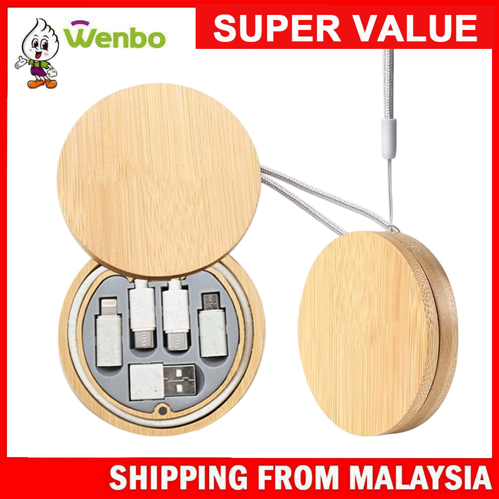 Wenbo Round Bamboo Wood Lanyard Cable Set Eco Friendly Multi Charging ...