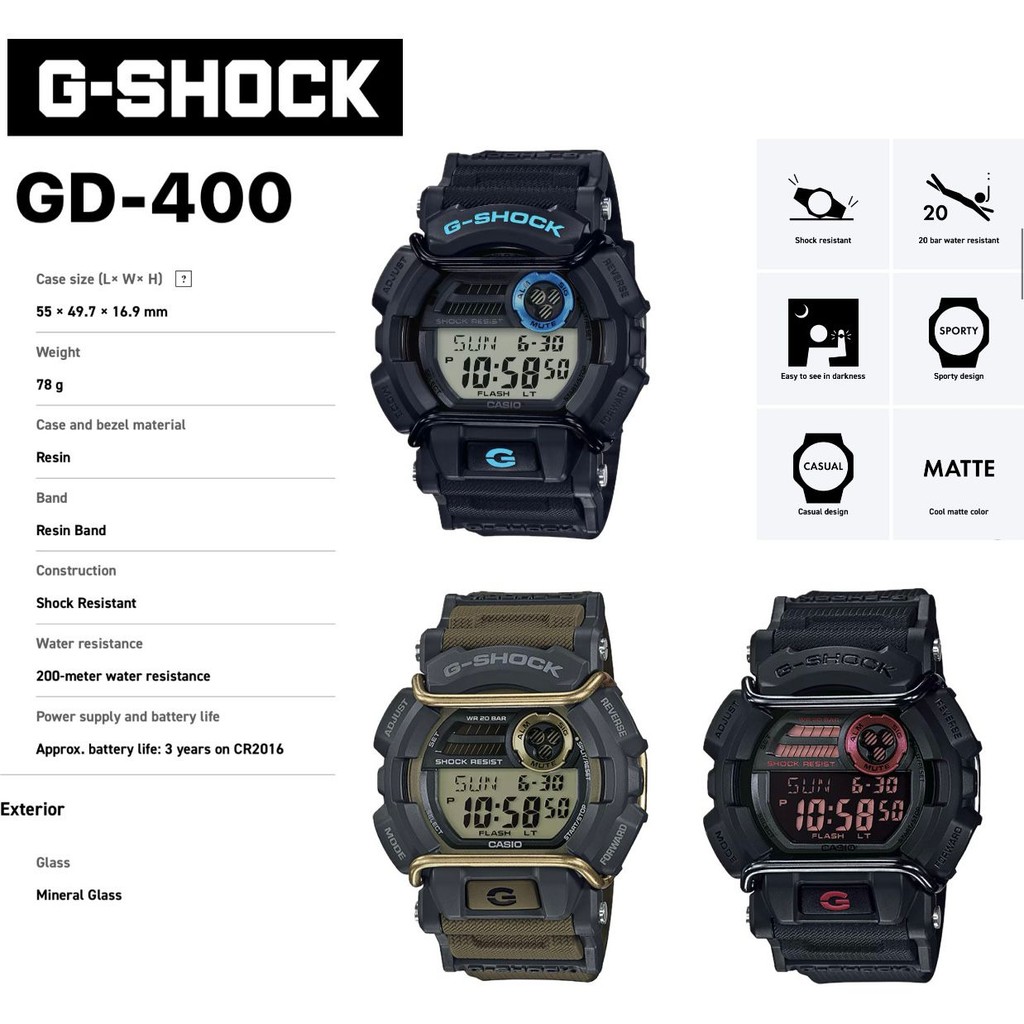 [ OFFICIAL CASIO WARRANTY ] G-SHOCK GD-400 SERIES DIGITAL WITH FACE ...