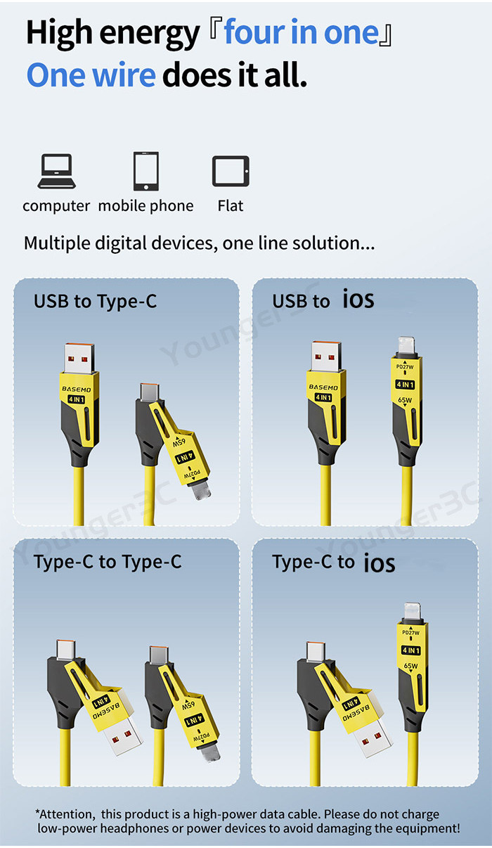 4 In 1 Spring Telescopic Cable For ios15/16 Type C 65W Super Fast ...